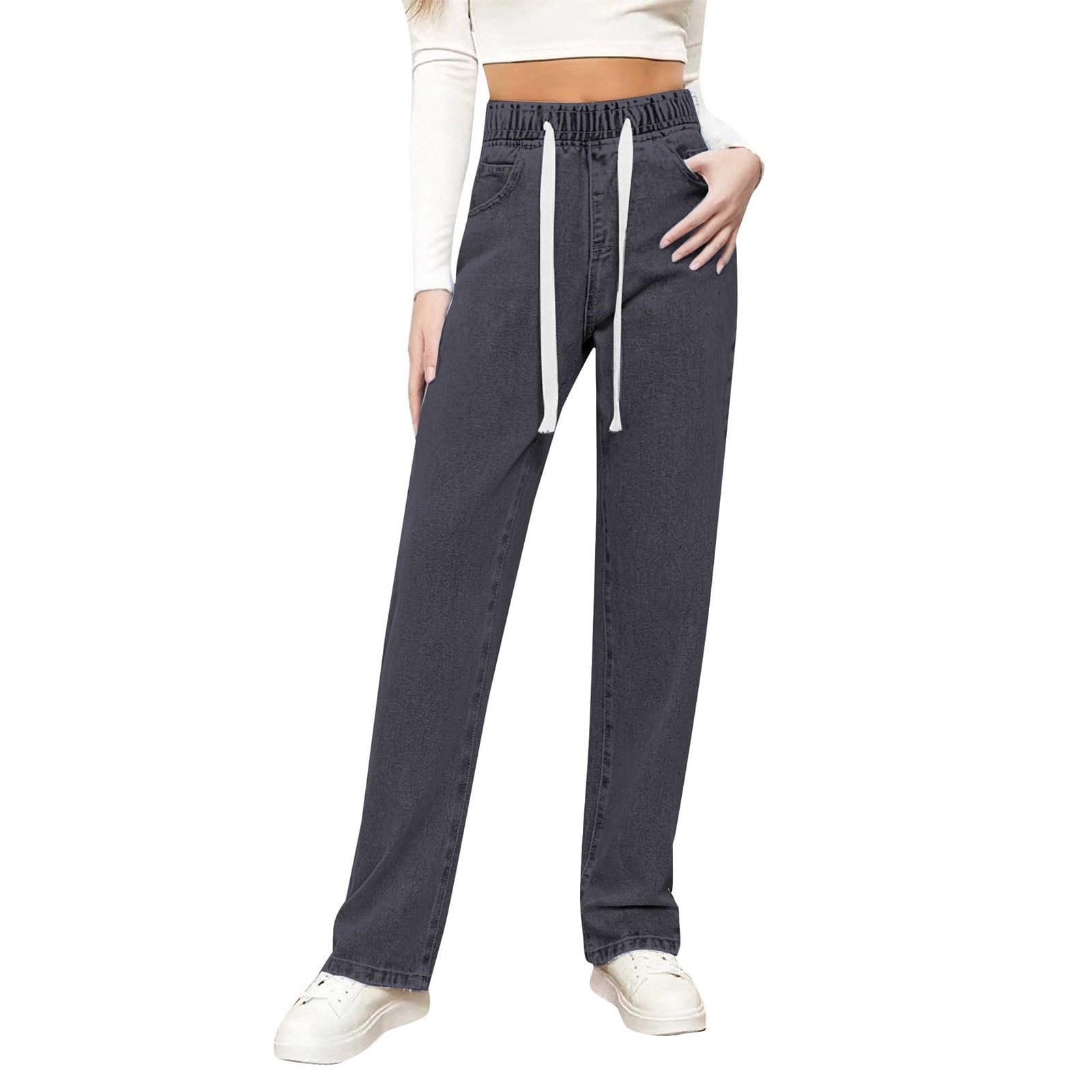 Drawstring Jeans Women, Audhol Ladies' High Waisted Wide Leg Pants with ...