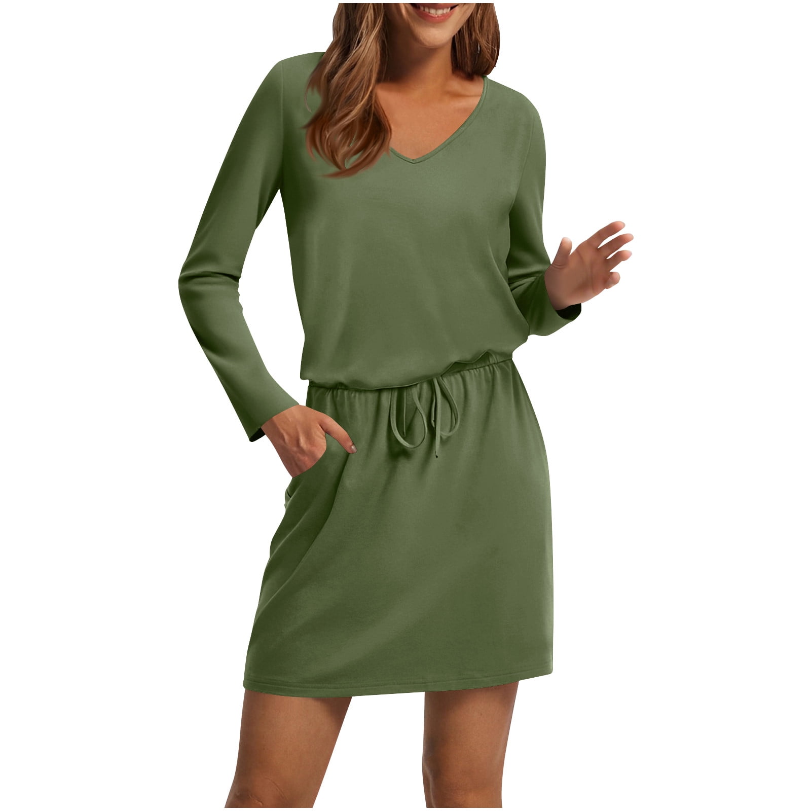 Drawstring Mini Dress for Women Long Sleeve V Neck Tshirt Dress Fall ...