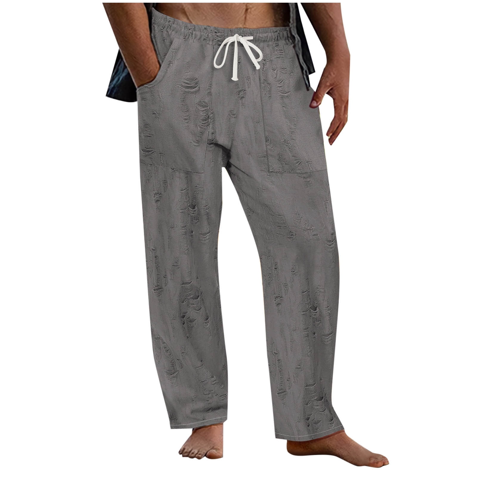 Drawstring Pants Men High Waist Elastic Waist Pants Pockets Loose Fit ...