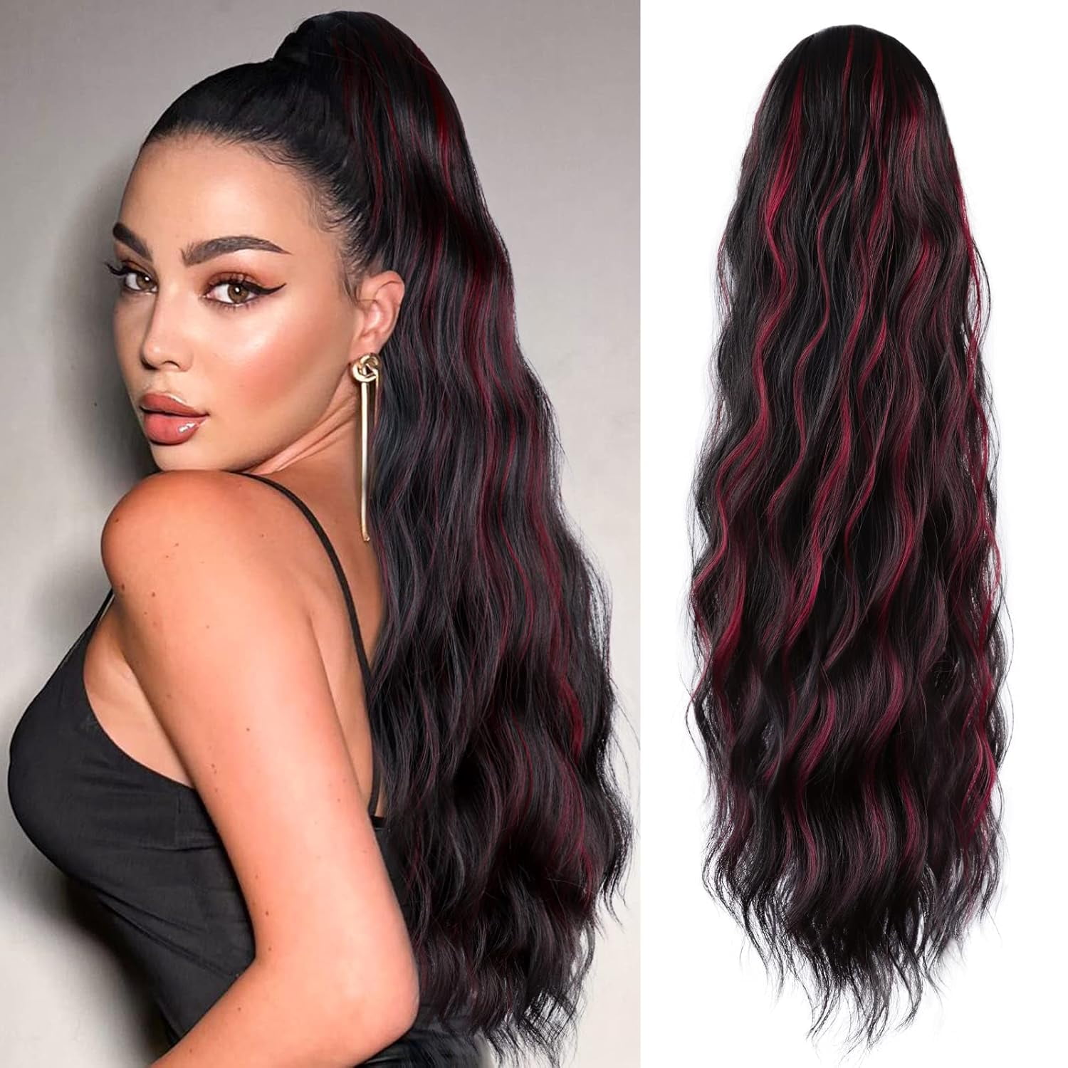 Drawstring Ponytail Extension Long Body Wavy Black Ponytail Extension ...