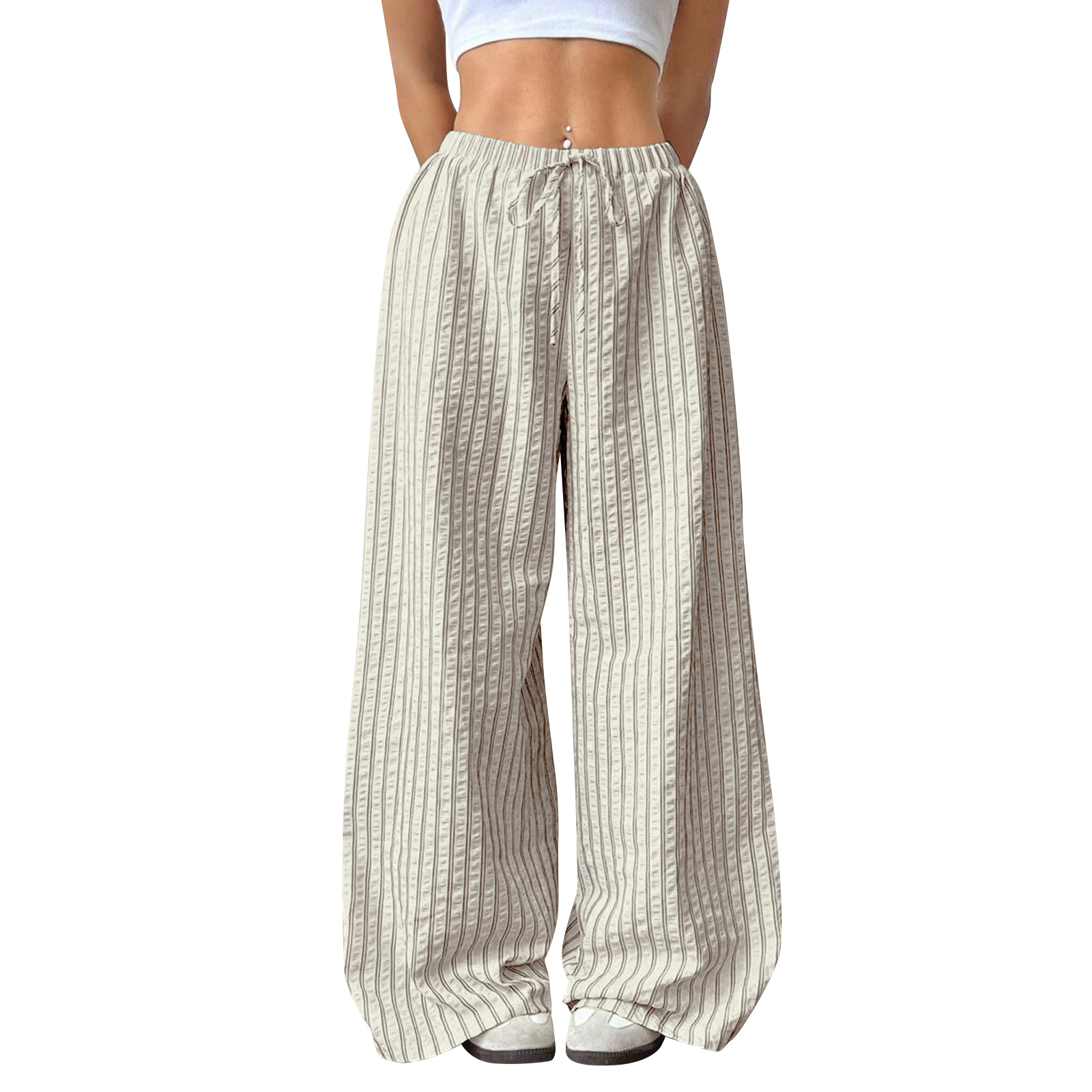 Drawstring Striped Pants Women Loose High Waisted Wide Leg Pants Trendy ...