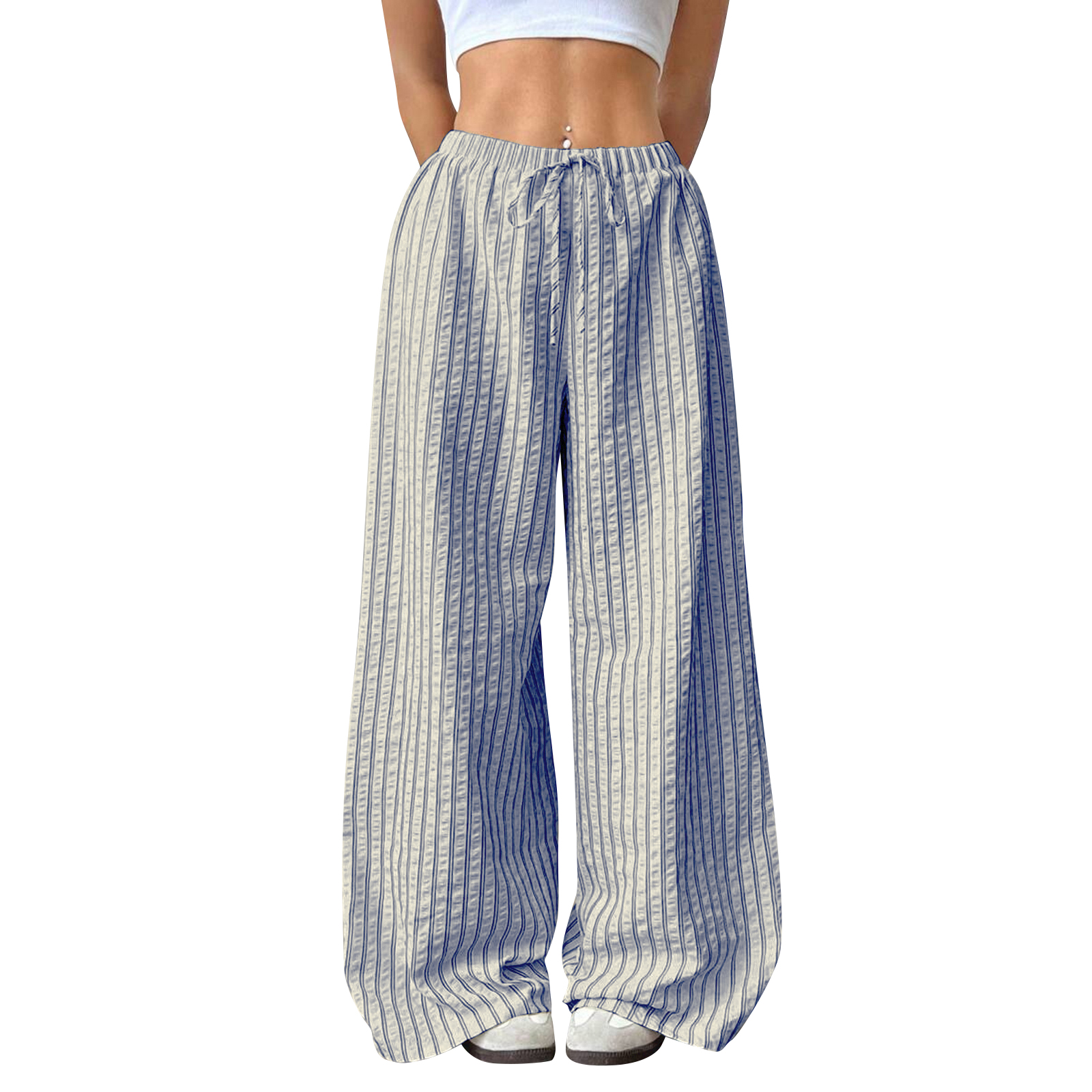 Drawstring Striped Pants Women Loose High Waisted Wide Leg Pants Trendy ...