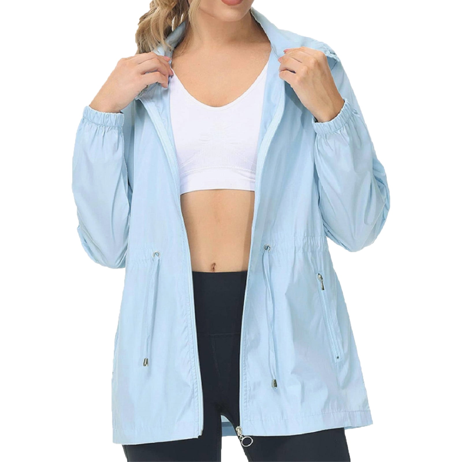 Drawstring Waist Long Sleeve Waterpoof Hooded Cargo Jacket Women Light ...