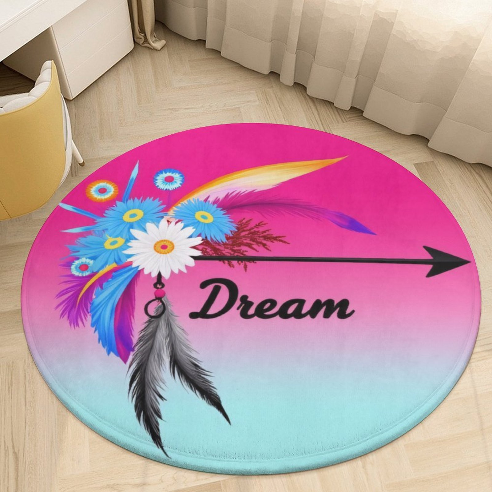 Dream Arrow with Feathers And Flowers Round Area Rugs for Bedroom ...