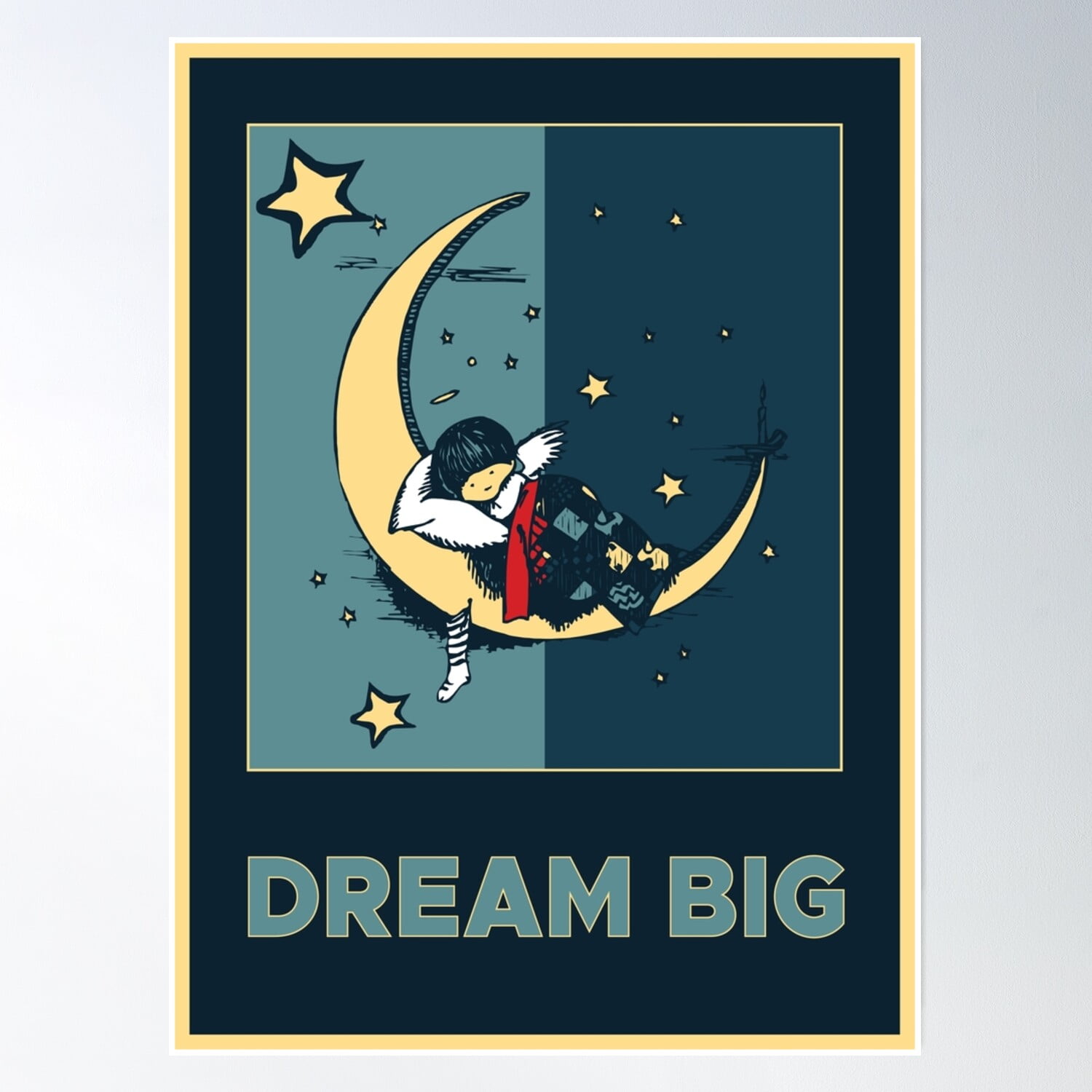 Dream Big - Cool Retro Poster Of A Cute Boy Sleeping On The Moon Poster ...