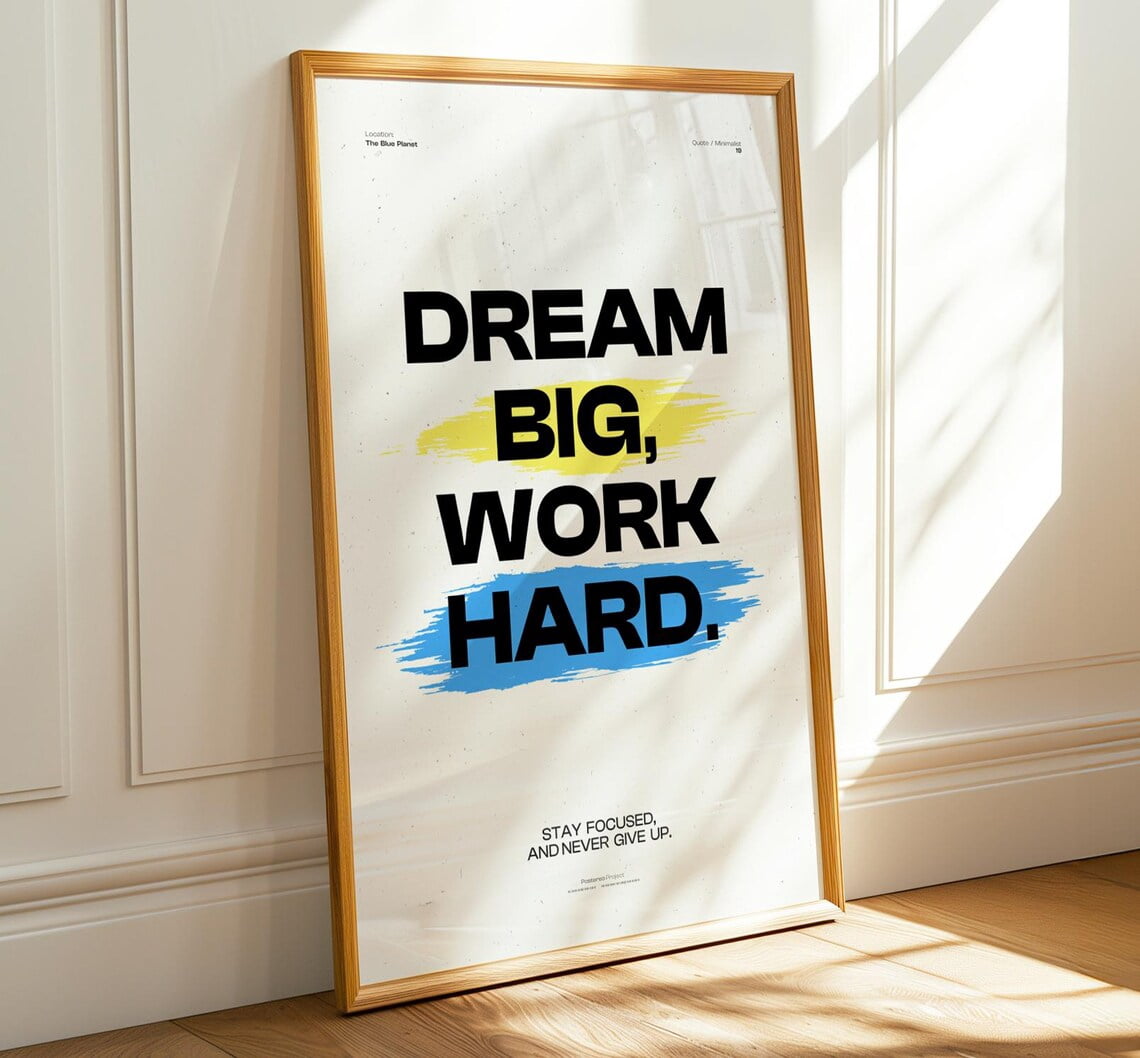 Dream Big Work Hard Motivational , Minimalist Quote Wall Art ...