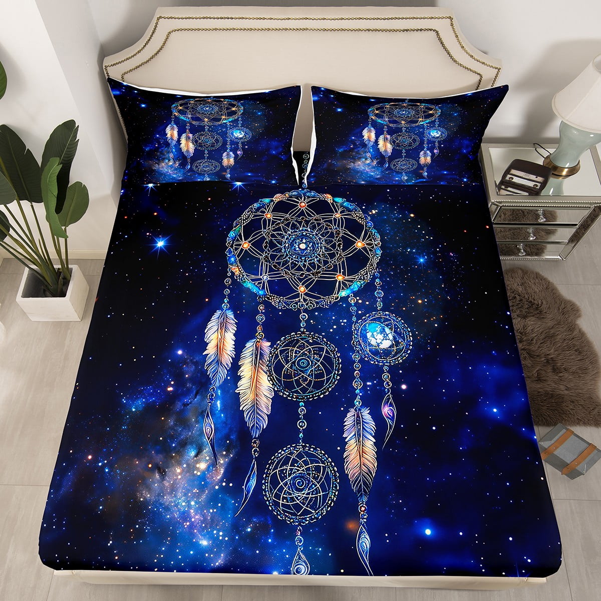 Dream Catcher Fitted Sheet Navy Blue Galaxy Glitter Full Bed Sheets ...