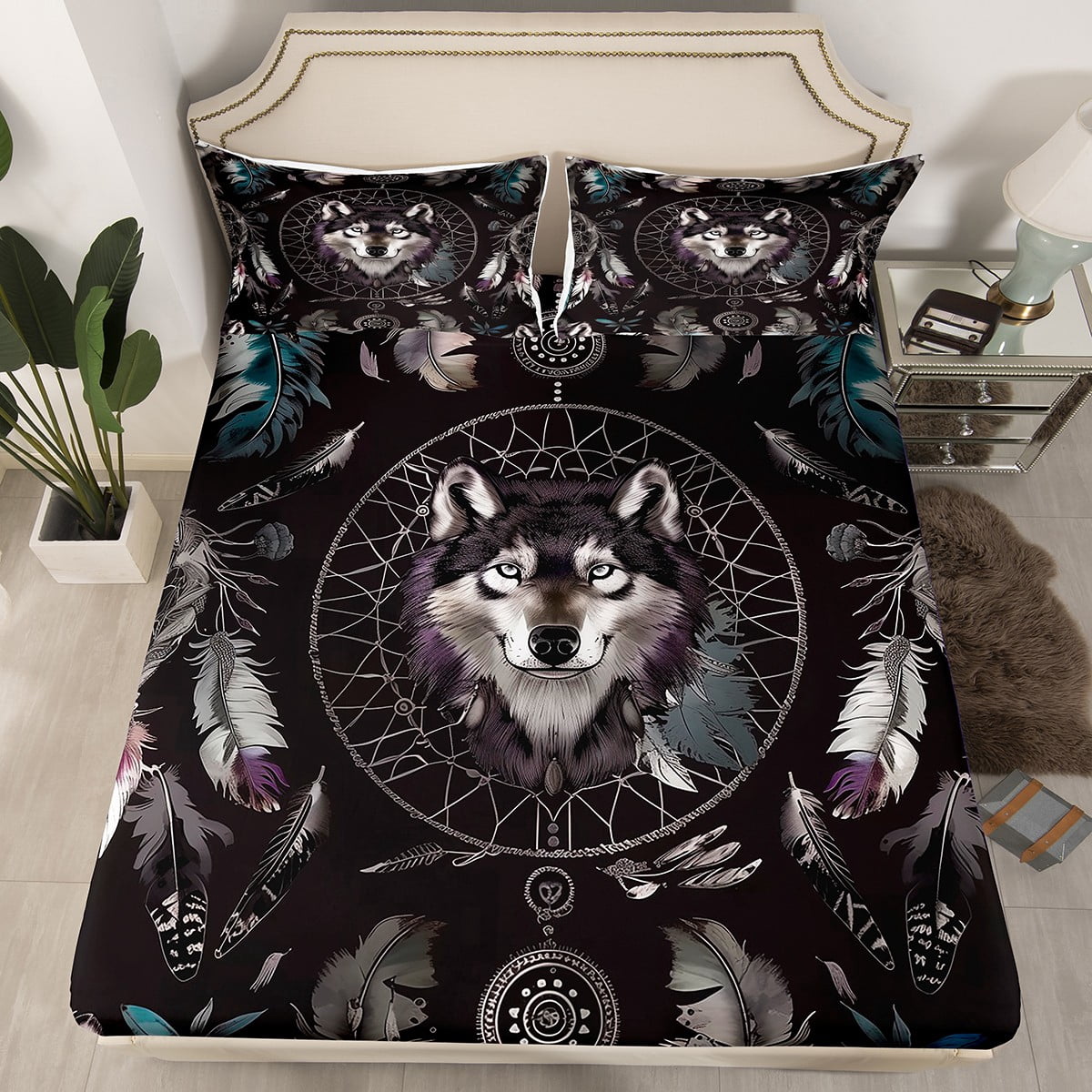 Dream Catcher Wolf Twin Fitted Sheets,Tribal Exotic Wildlife Bed Sheets ...