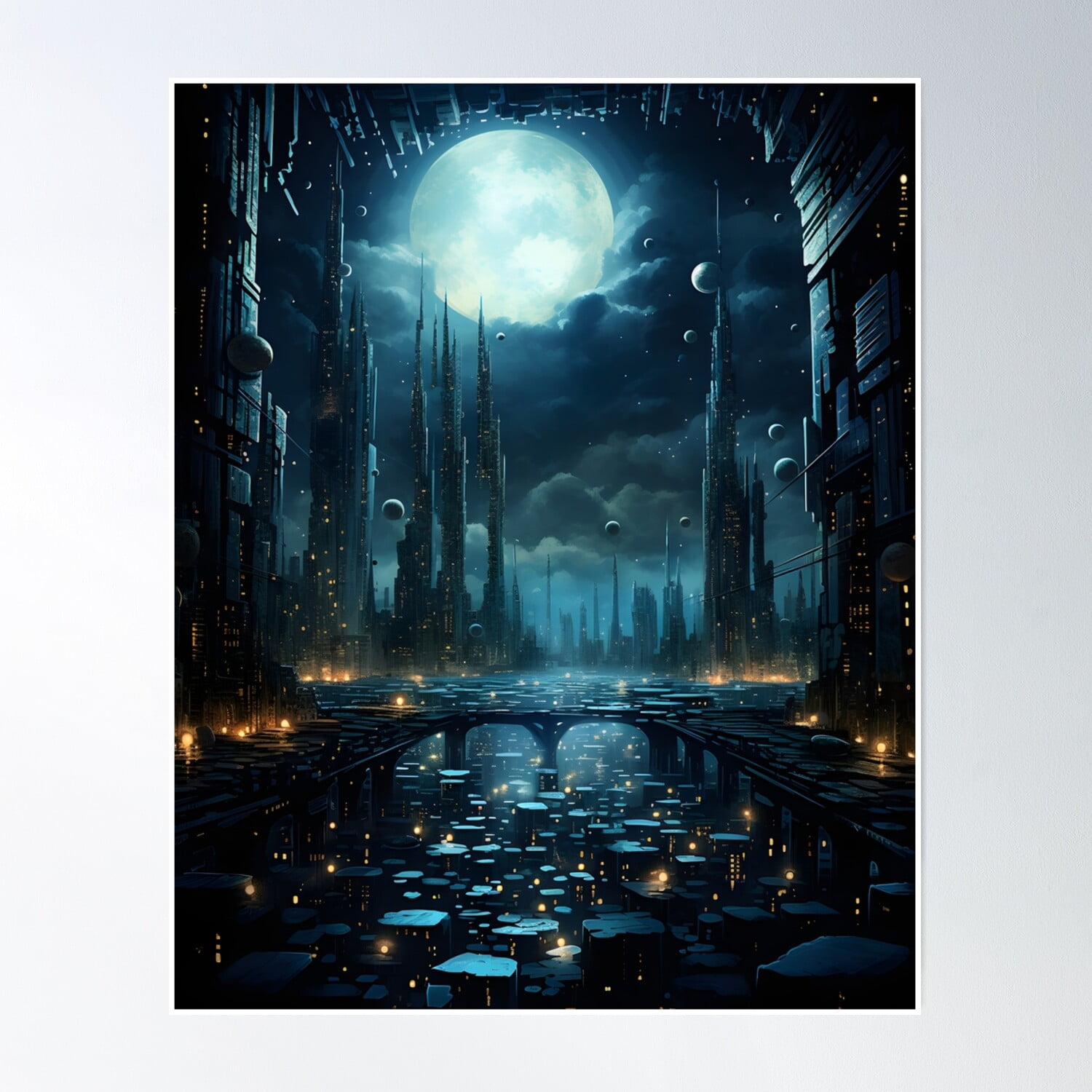 Dream City: Surrealist Night View Poster Wall Art, Modern Wall Decor ...
