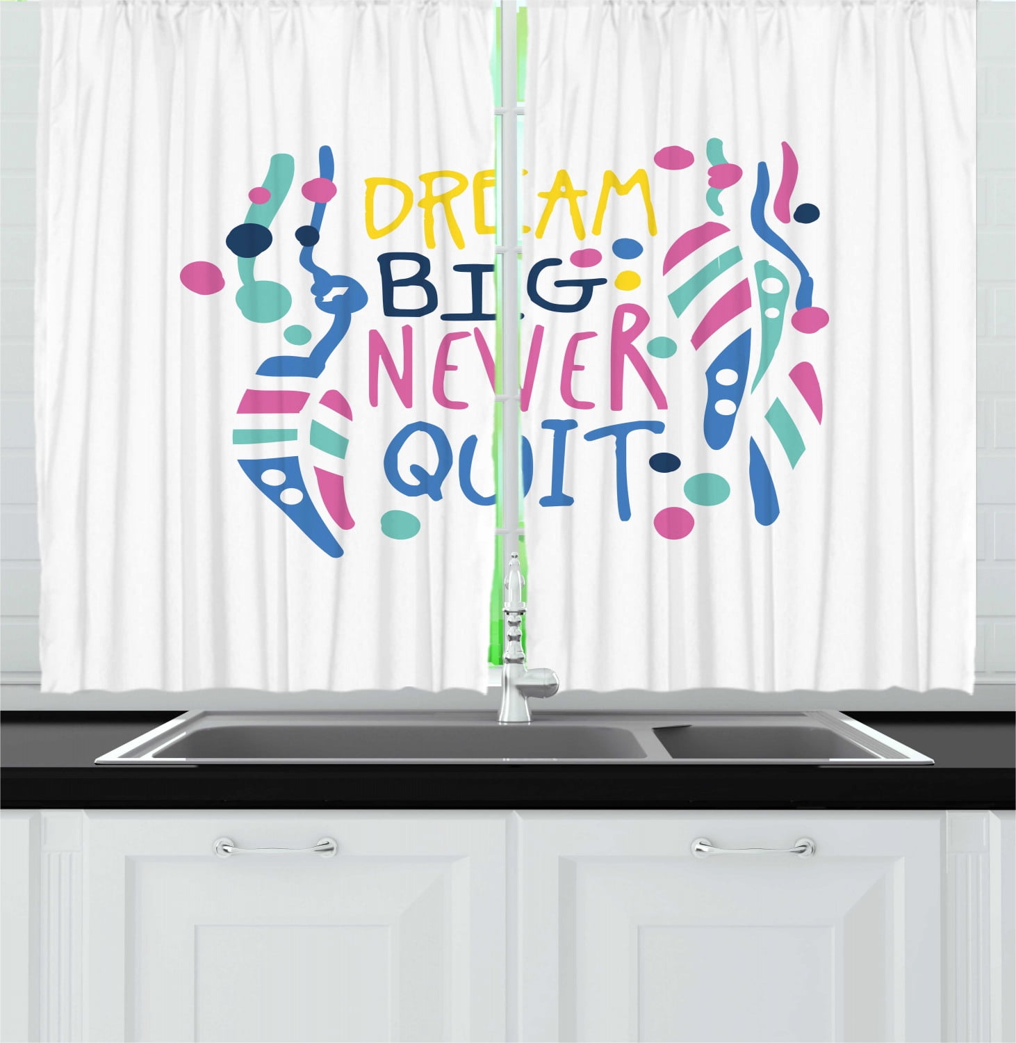 Dream Curtains 2 Panels Set, Dream Big Never Quit Lettering with Dots ...