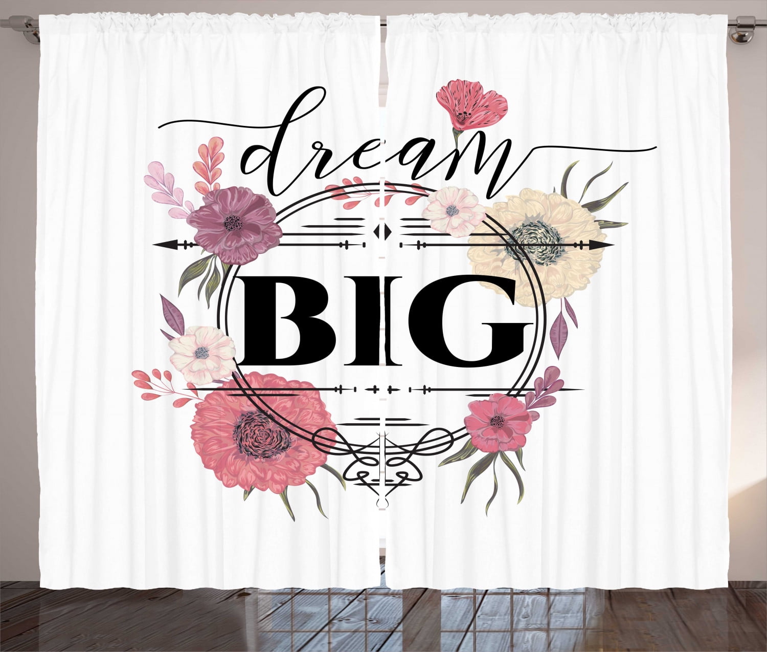 Dream Curtains 2 Panels Set, Dream Big Typography Design with Romantic ...