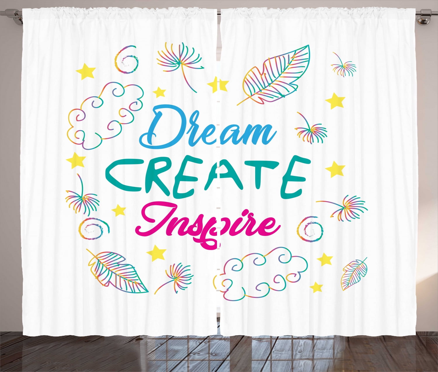 Dream Curtains 2 Panels Set, Dream Create Inspire Colorful Hand-written ...