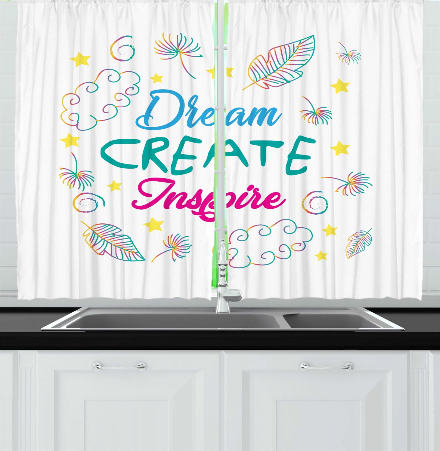 Dream Curtains 2 Panels Set, Dream Create Inspire Colorful Hand-written ...