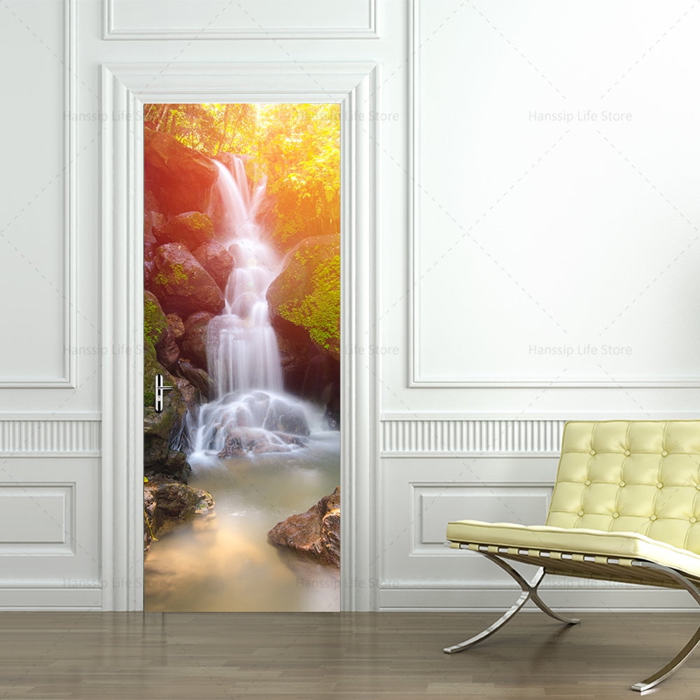 Dream Deep Forest Door Stickers Waterfall Scenery Home Decoration PVC ...