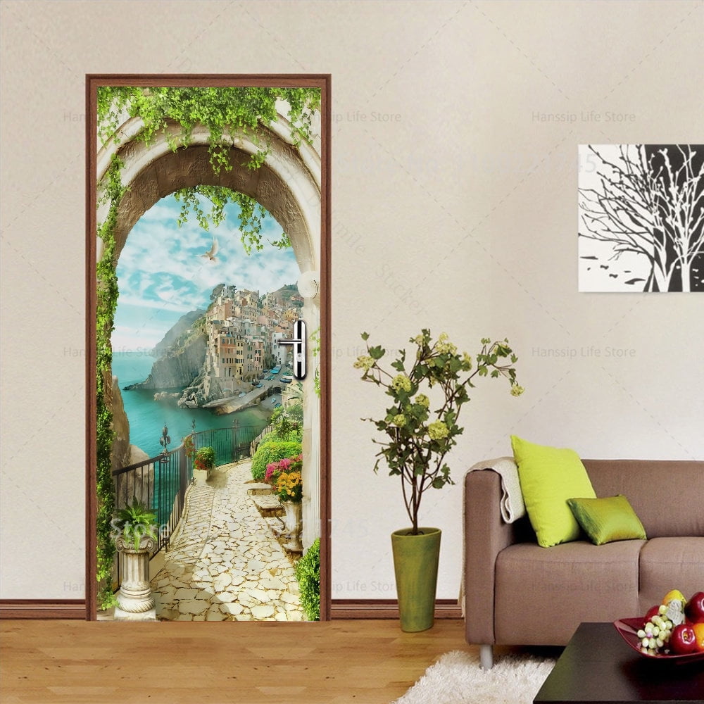 Dream Deep Forest Door Stickers Waterfall Scenery Home Decoration PVC ...