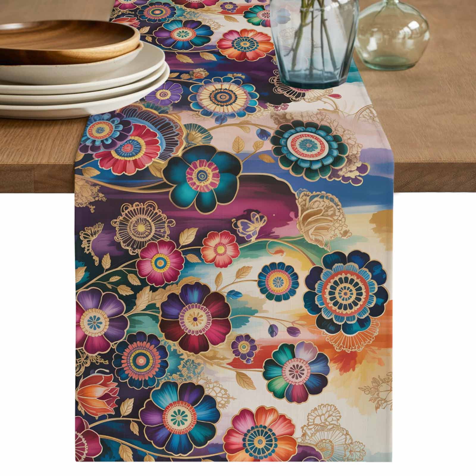 Dream Floral Table Runner, Vintage Colorful Flowers Retro Ethnic Cotton ...