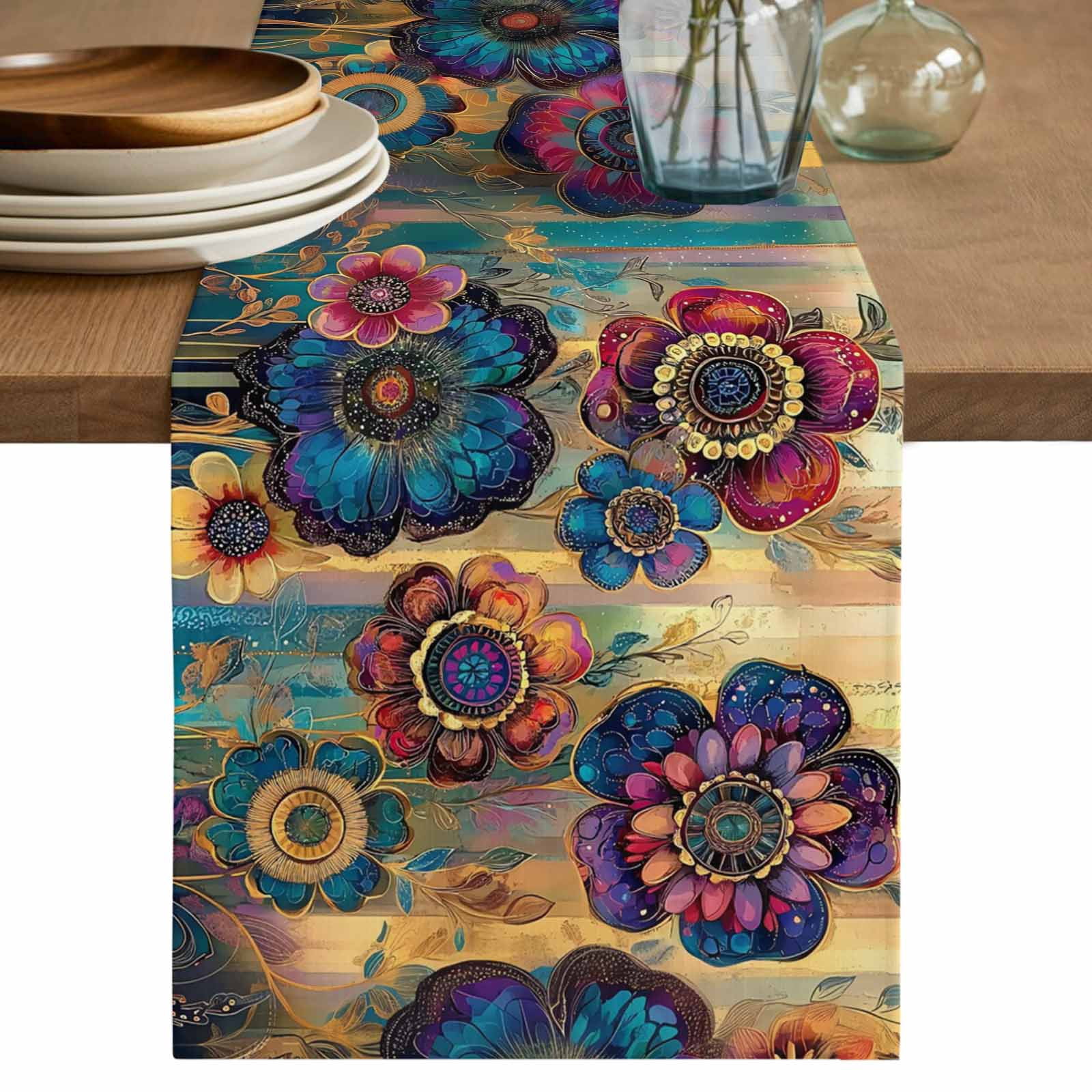 Dream Flower Table Runner, Vintage Colorful Flowers Leaf Abstract Art ...