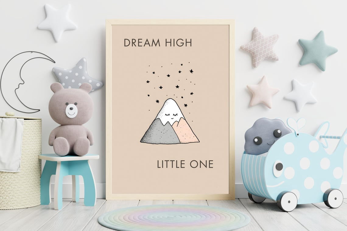 Dream High Little One Mountain Print, Boho Nursery Wall Art, Unframed ...
