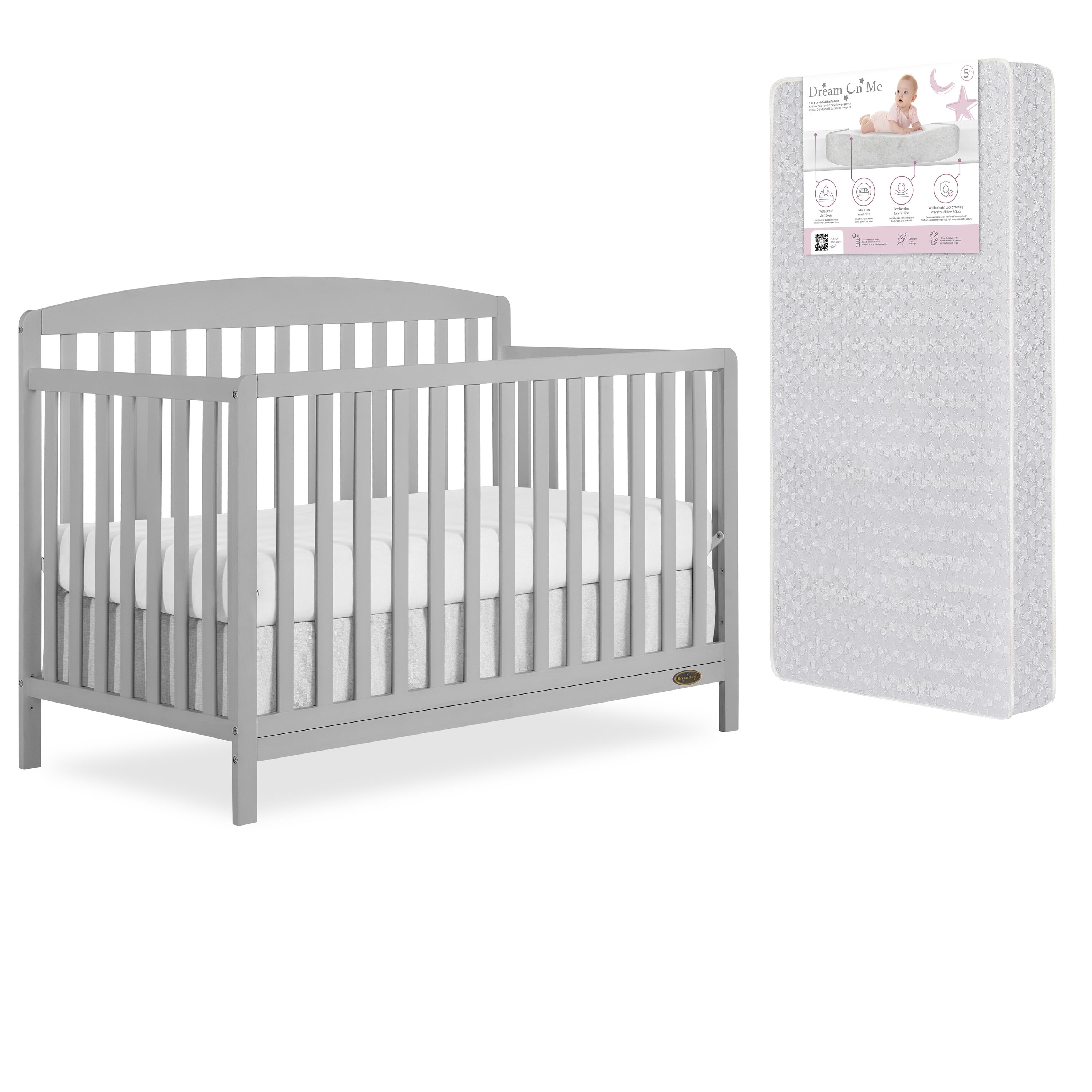 Dream On Me Odelle 5-in-1 Crib in Pebble Gray with Free Crib Mattress ...