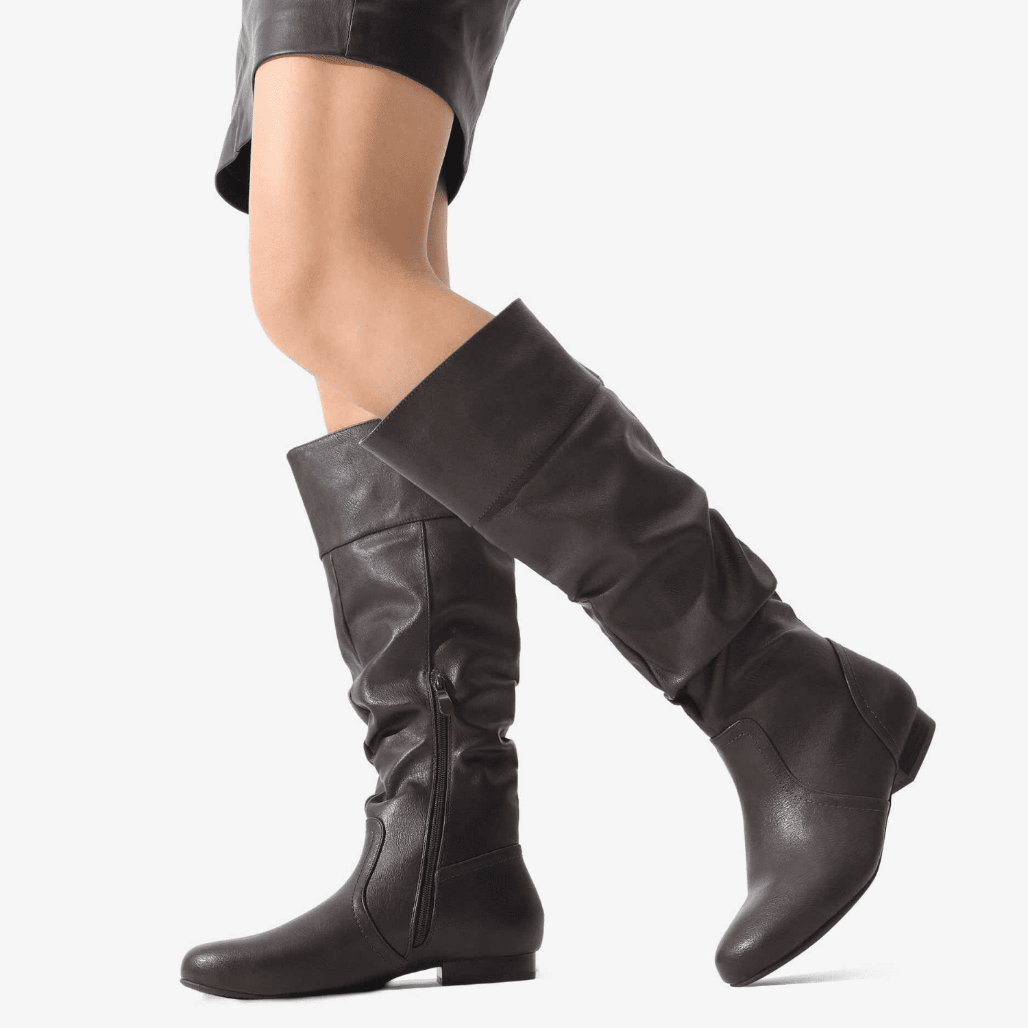 BURUDANI Womens Wide Calf Faux Fur Slouchy Low Heel Side Zip Knee High ...