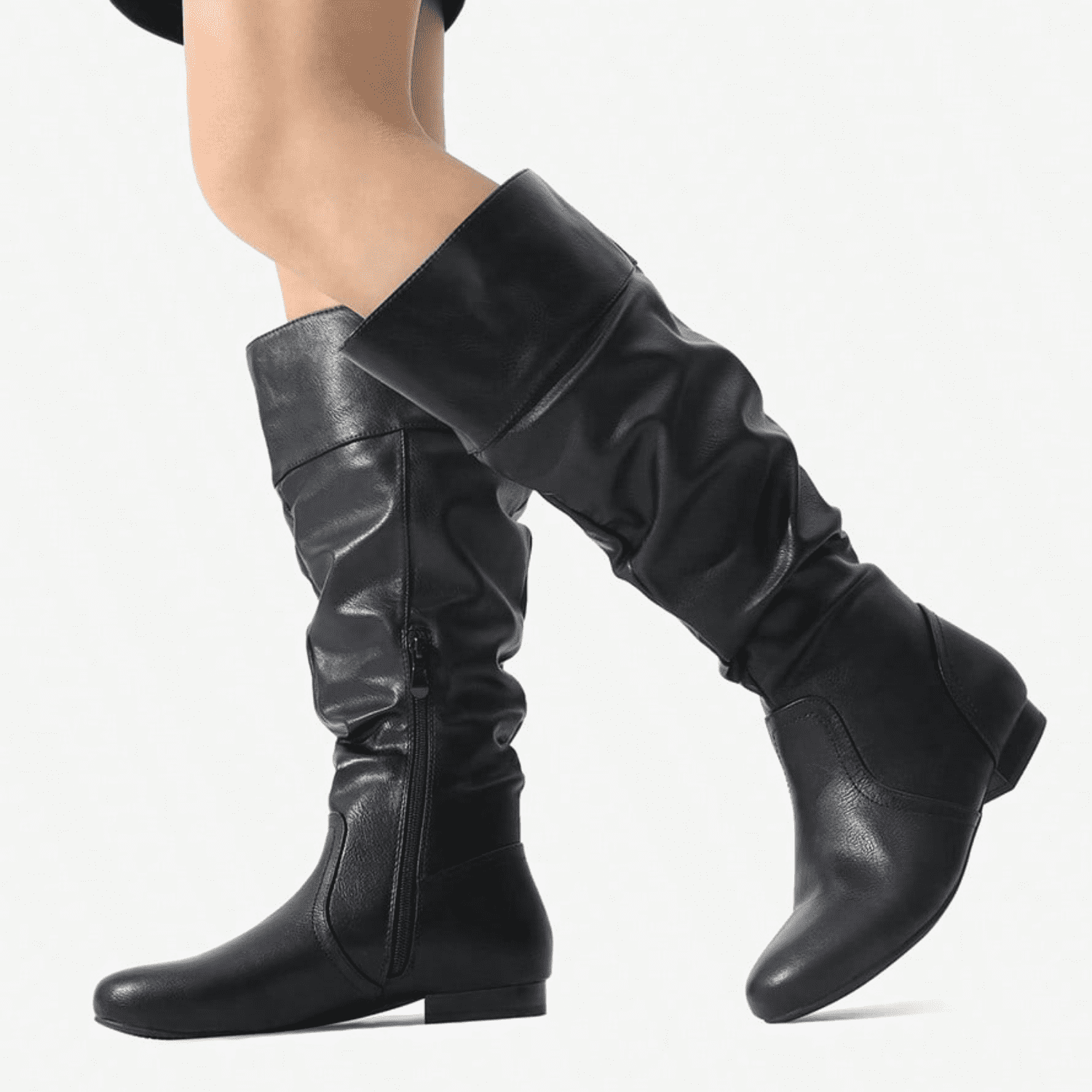 BURUDANI Womens Wide Calf Faux Fur Slouchy Low Heel Side Zip Knee High ...