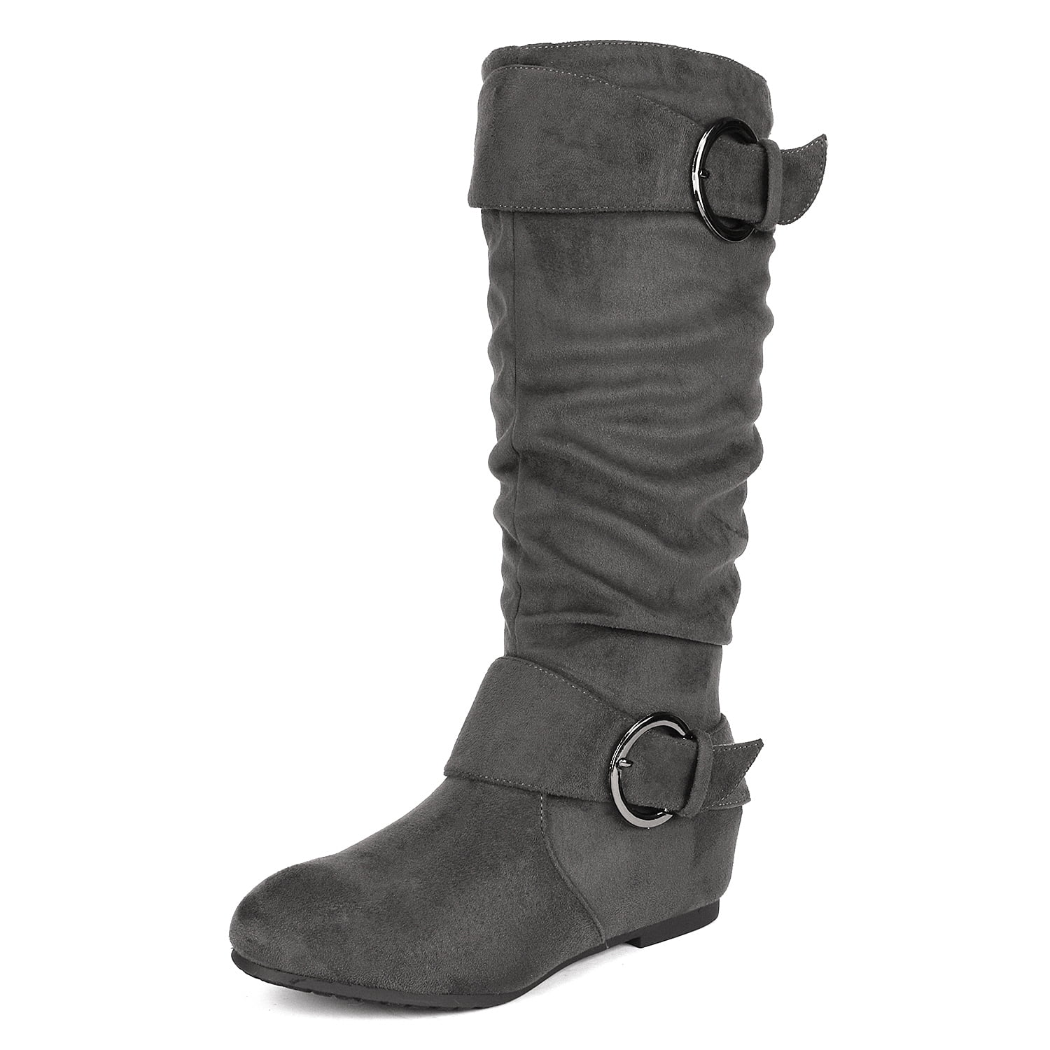 Dream Pairs Womens Wide-Calf Knee High Low Hidden Wedge Slouch Buckle ...