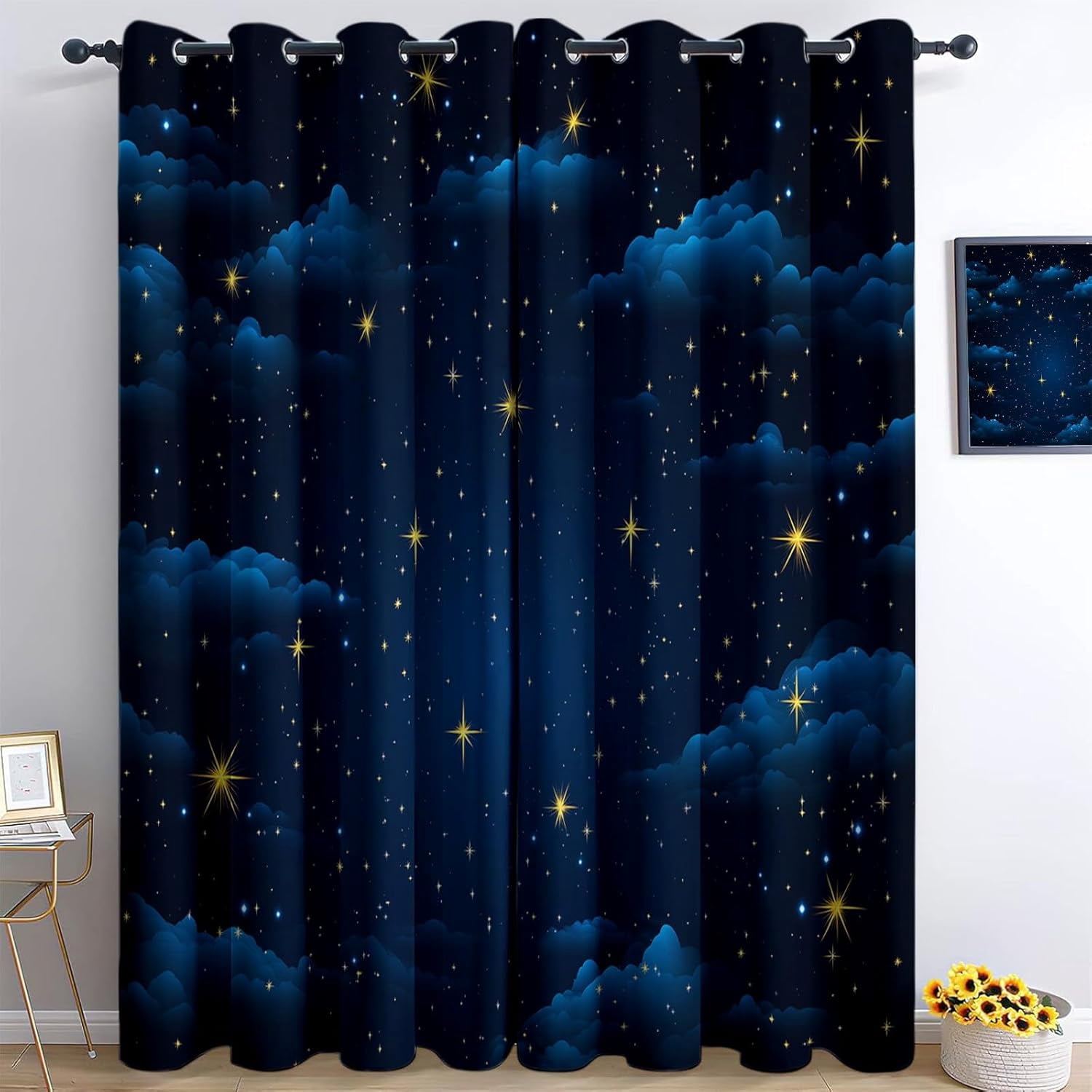 Dream Starry Sky Blackout Curtains, Dark Blue Galaxy Window Drapes for ...