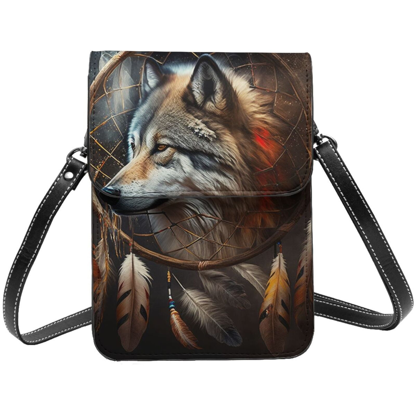 Dream Wolf Feather Art Cell Phone Purse Small Crossbody Bag with Strap ...