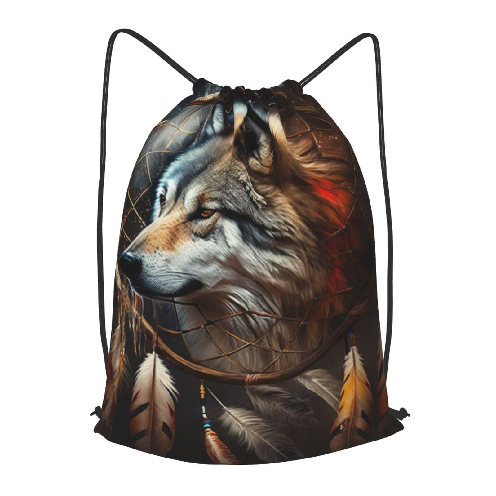 Dream Wolf Feather Art Drawstring Backpack Gym String Bag Sports ...