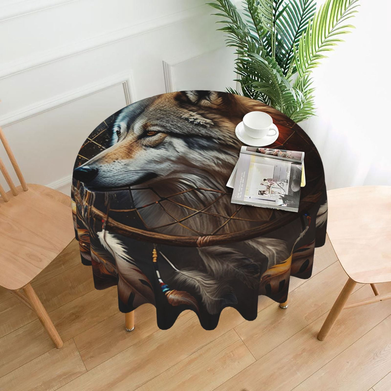 Dream Wolf Feather Art Tablecloths Round 60 inch Fabric Table Cloth ...