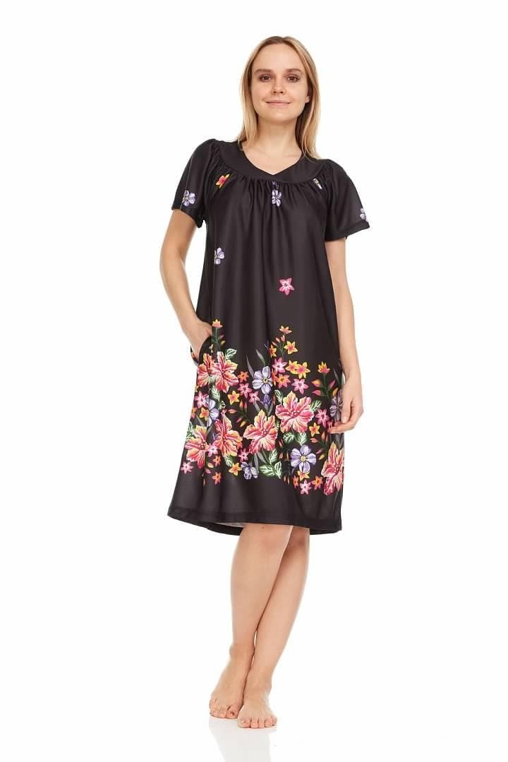 Dream8teen Women's Short Sleeve Muumuu Lounger Dress 9004 Black Multi ...