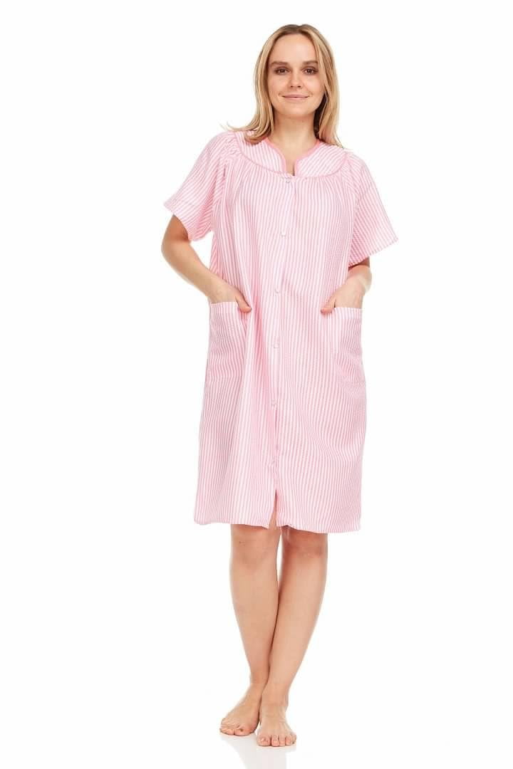 Dream8teen Women's Snaps Front Closure House Dress Short Sleeve Woven ...