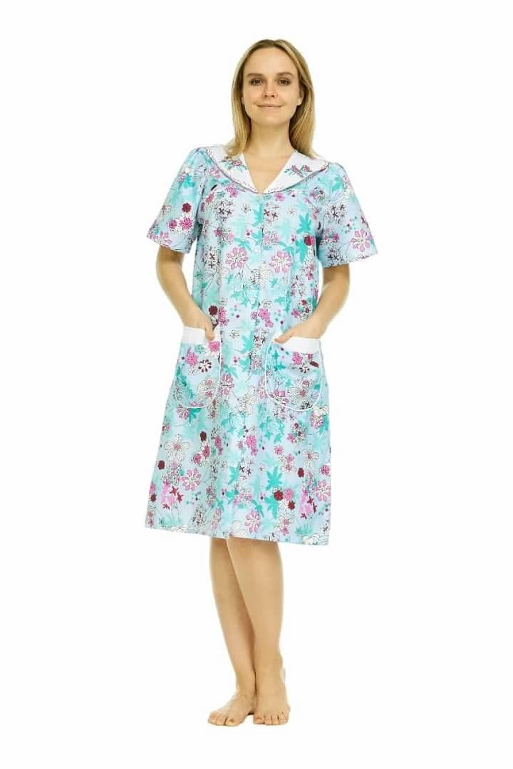Dream8teen Women's Snaps Front Closure House Dress Short Sleeve Woven ...