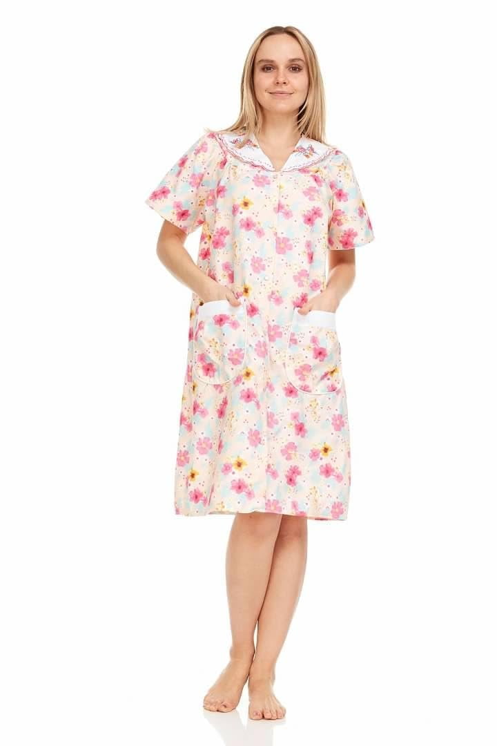 Dream8teen Women's Snaps Front Closure House Dress Short Sleeve Woven ...