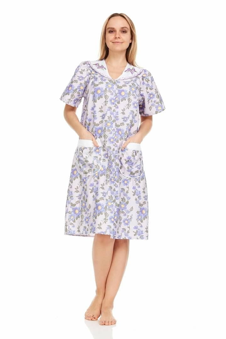 Dream8teen Women's Snaps Front Closure House Dress Short Sleeve Woven Housecoat Duster Lounger ...