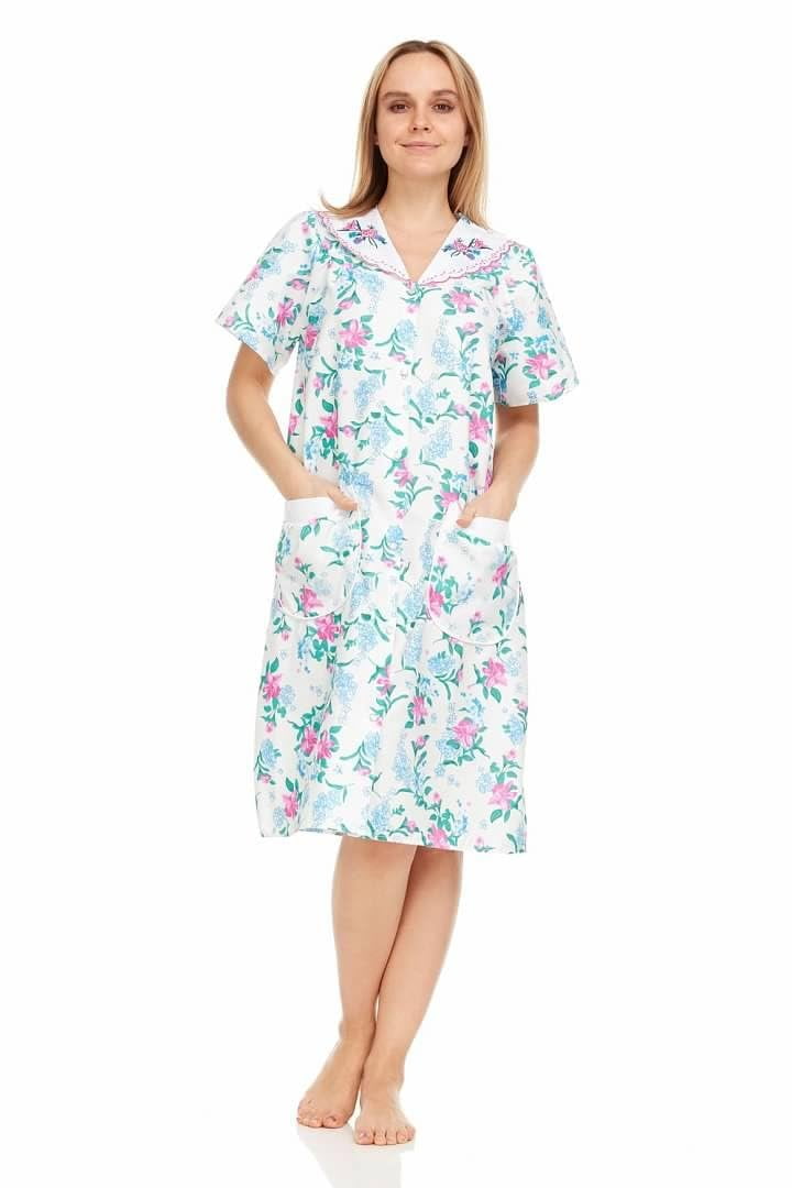 Dream8teen Women's Snaps Front Closure House Dress Short Sleeve Woven ...