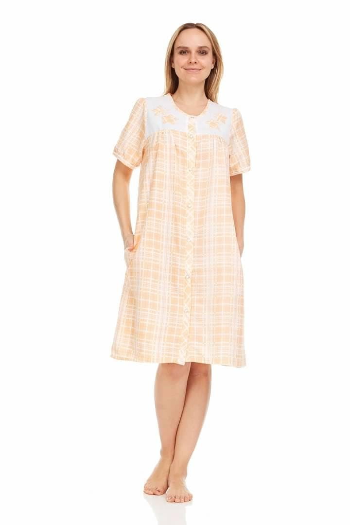 Dream8teen Women's Snaps Front Closure House Dress Short Sleeve Woven ...