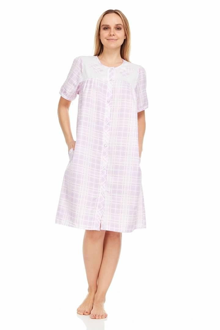 Dream8teen Women's Snaps Front Closure House Dress Short Sleeve Woven ...
