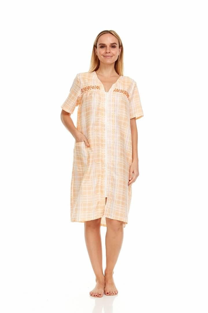 Dream8teen Women's Zipper Front Closure House Dress Short Sleeve Woven ...