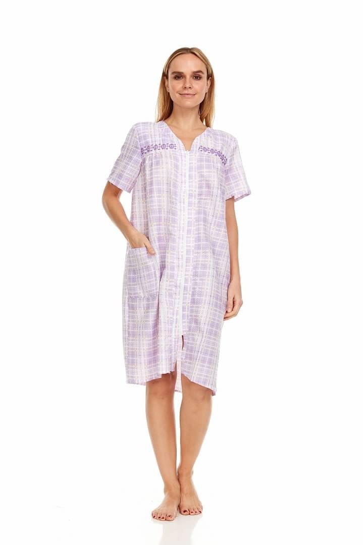 Dream8teen Women's Zipper Front Closure House Dress Short Sleeve Woven ...