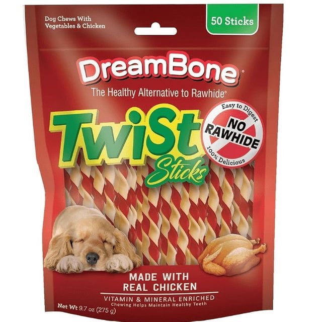 DreamBone Twist Sticks Bone Treats for Dogs, 50 Count - Real Chicken ...
