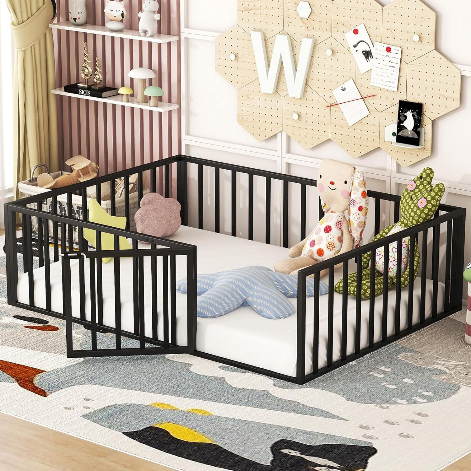 DreamBuck Full Montessori Floor Bed with Safety Fence and Door, Metal ...