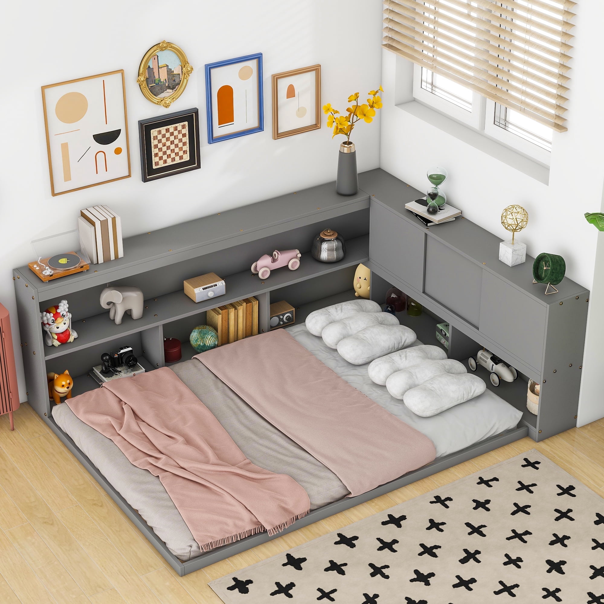 DreamBuck Full Size Bed Frame, Wood Floor Bed with L-Shaped Bookcases ...