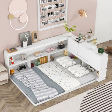 Llinc Store Floor Bed Frame Full Size with L-Shaped Storager And ...