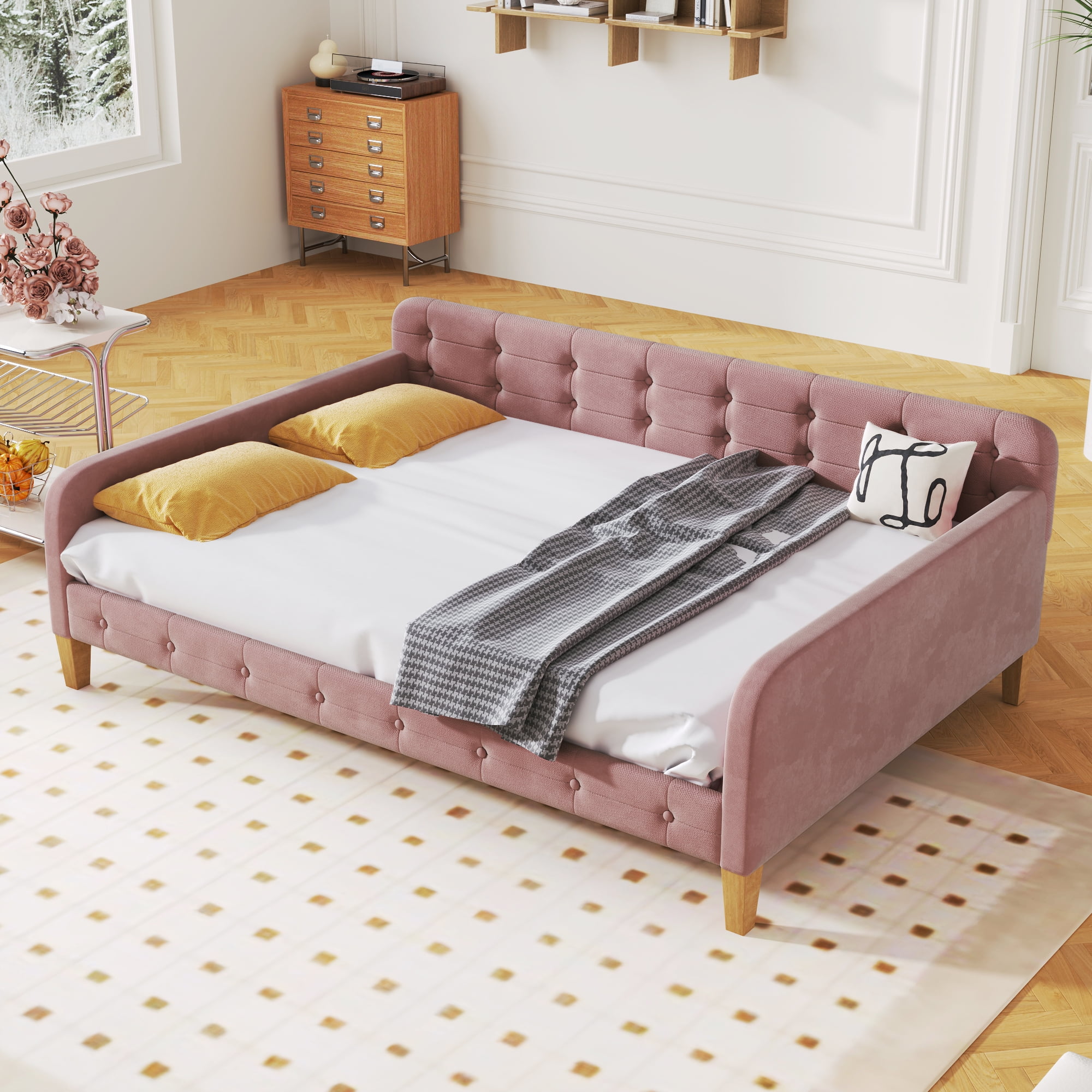 DreamBuck Full Size Daybed with 4 Wood Support Legs, Velvet Upholstered ...