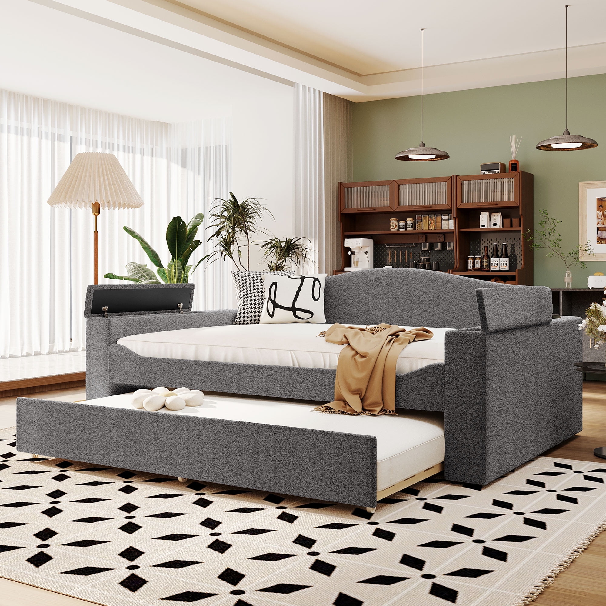 DreamBuck Full Size Upholstered Daybed with Storage Armrests, Trundle ...