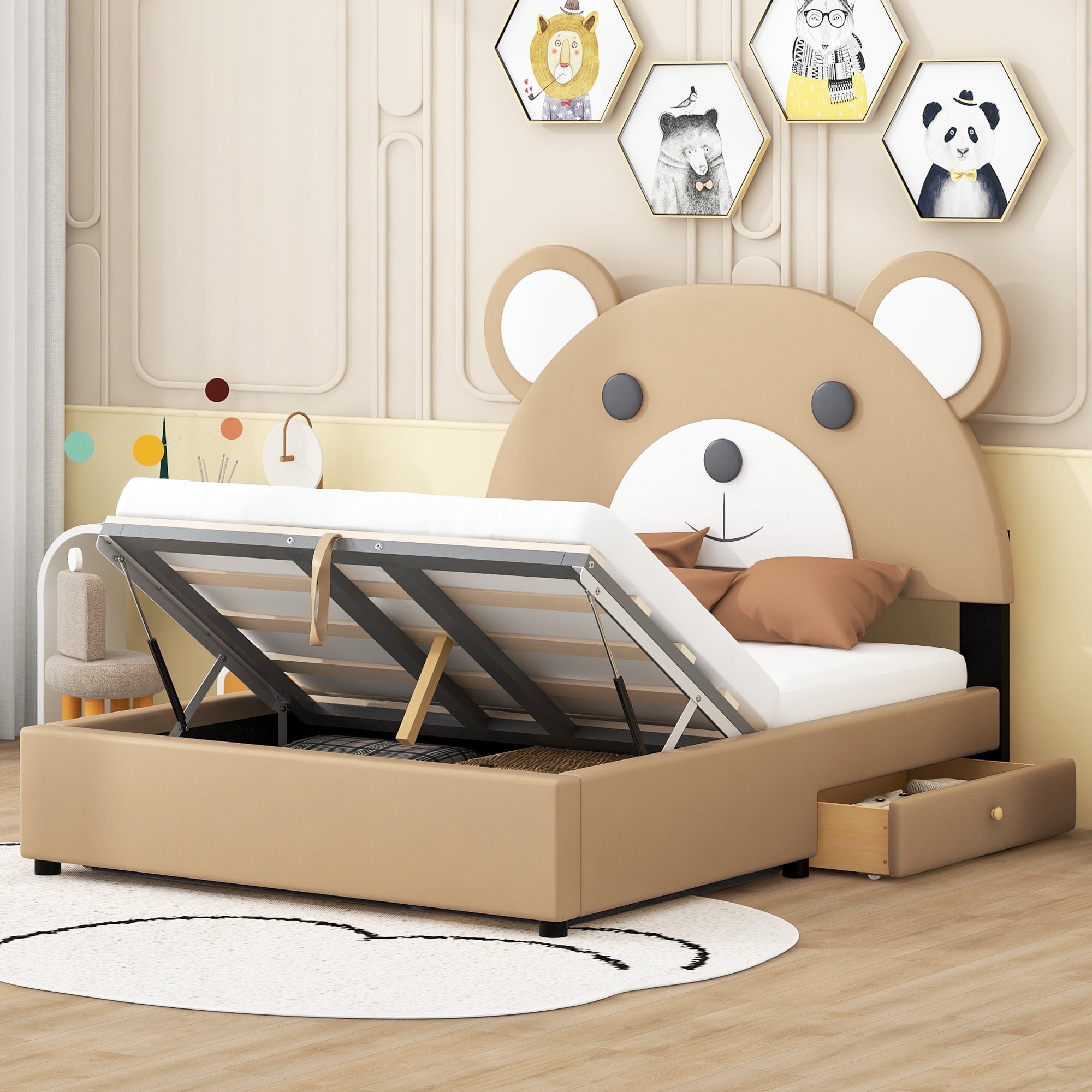 DreamBuck Full Size Upholstered Platform Bed Frame with Bear Shaped PU ...
