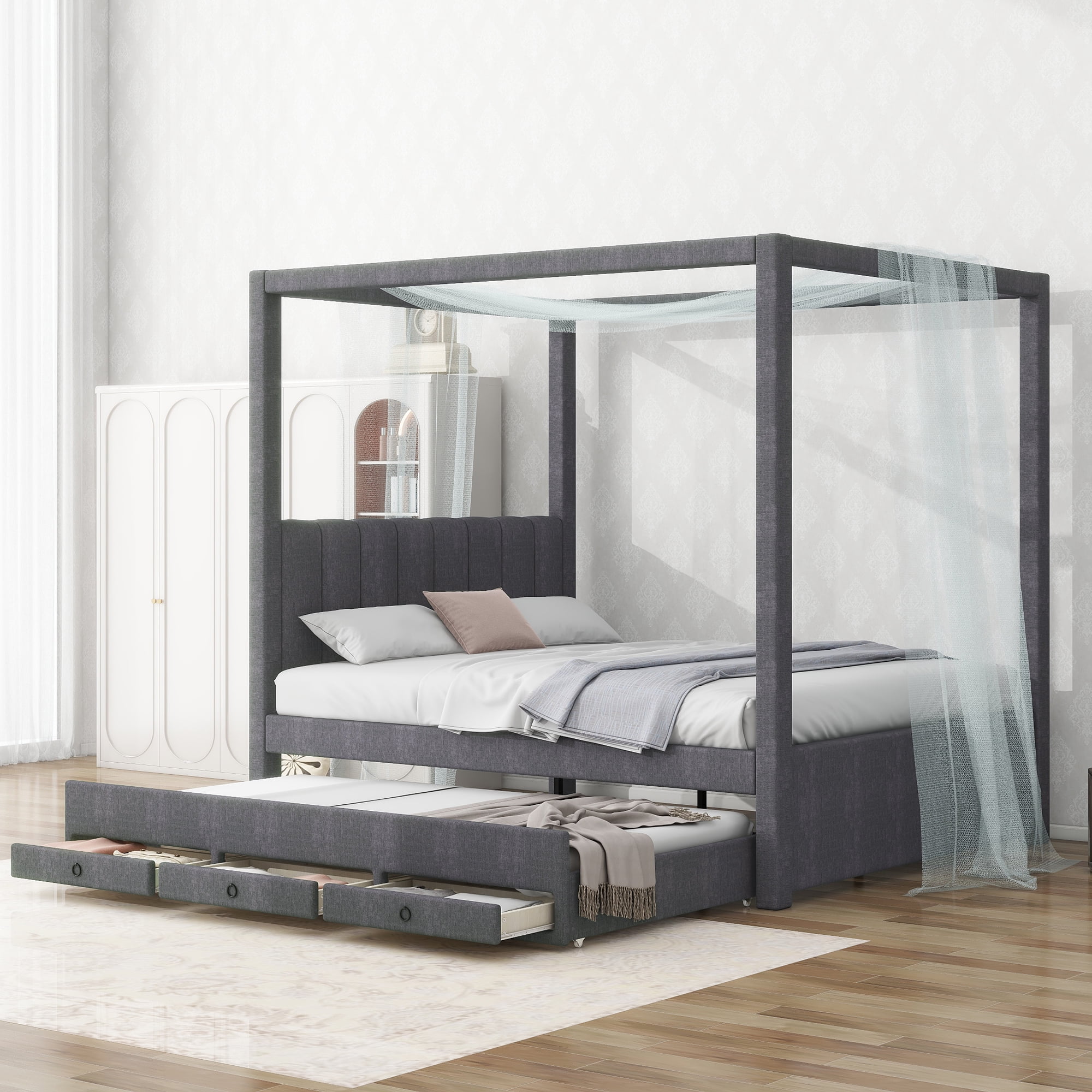 DreamBuck Full Size Upholstery Canopy Bed with Trundle and 3 Storage ...
