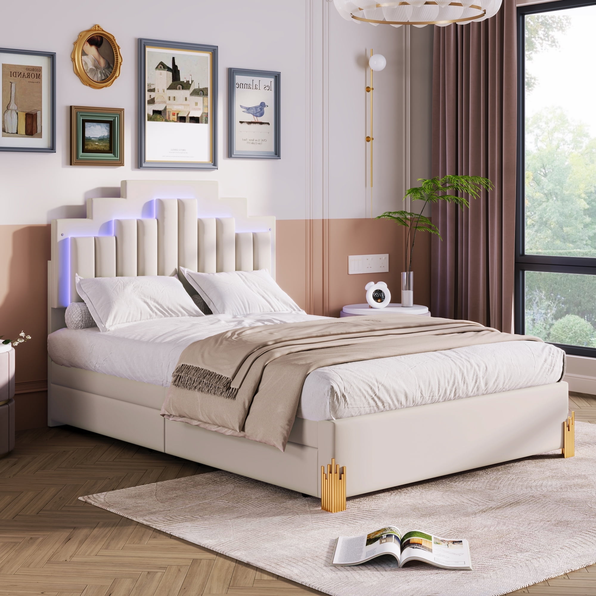 DreamBuck Full Upholstered Platform Bed with LED Lights and 4 Drawers ...