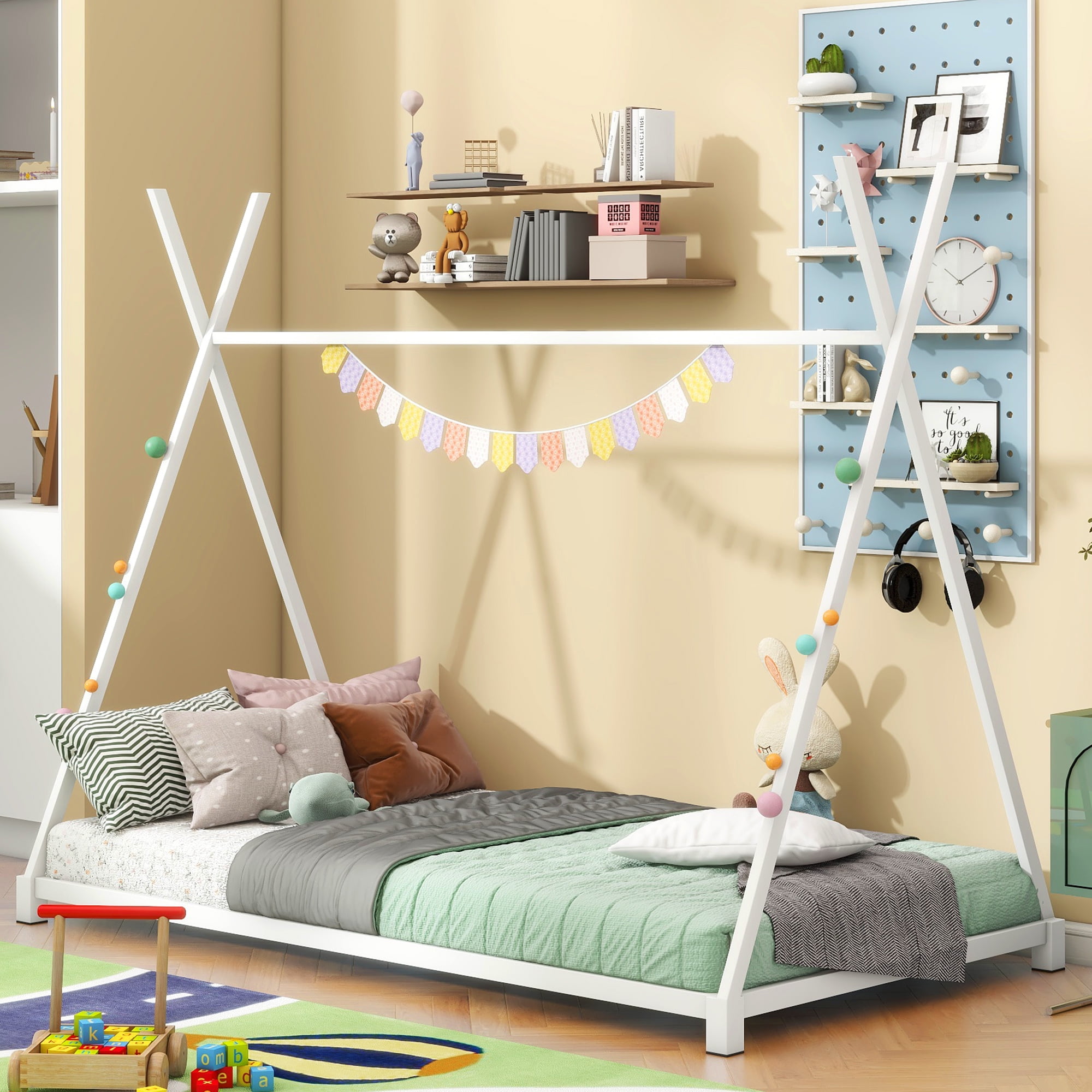 DreamBuck Metal Twin Size House Platform Bed with Triangle Structure ...
